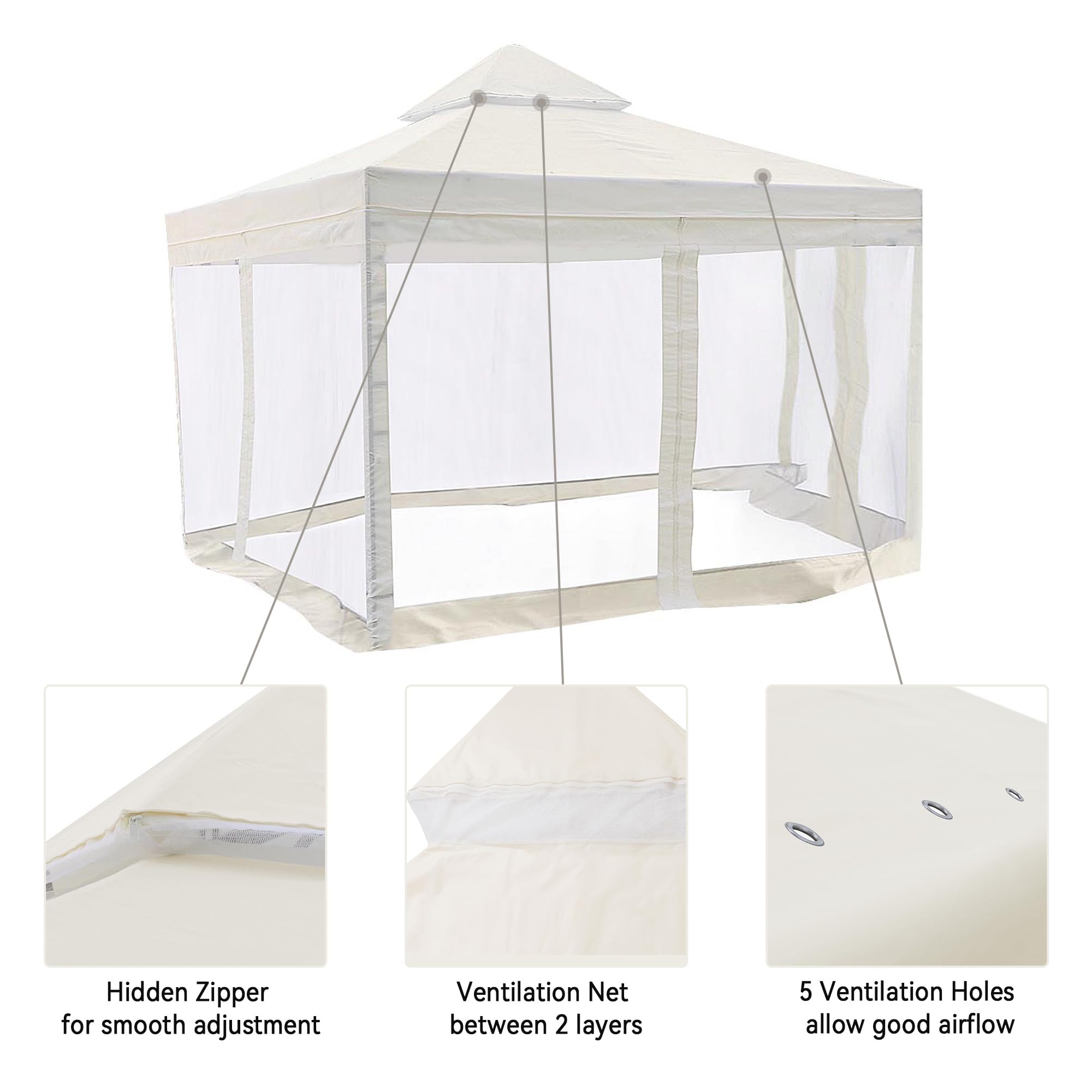 Yescom 10x10Ft Gazebo Top Replacement with Mesh Net for 2 Tier Fit for Y00610T07NET Outdoor Canopy Cover Patio Garden Party Backyard White