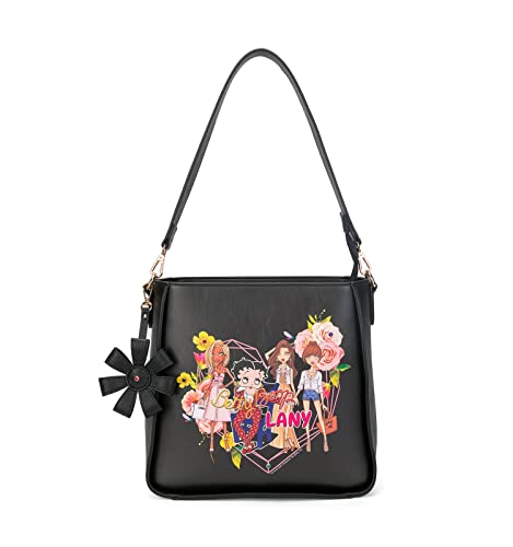 Betty Boop Friends/Flower Faux Leather Hobo Purse with Long Strap (Black)