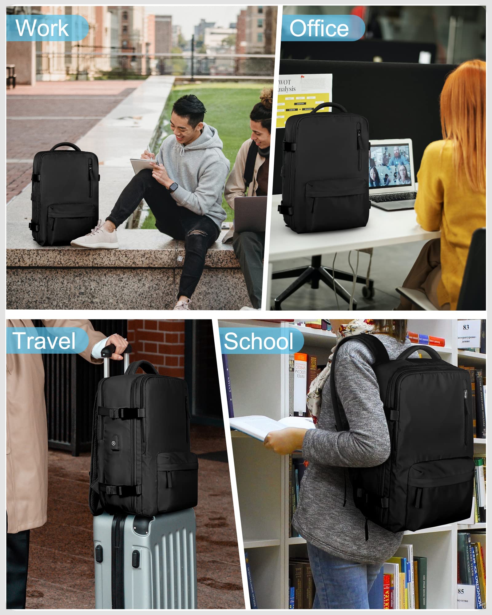 VECAVE Large Carry On Backpack for Women Men,Travel Backpack, Airline Approved Backpack Fit 17 Inch Laptop with USB Charging Port (Black)