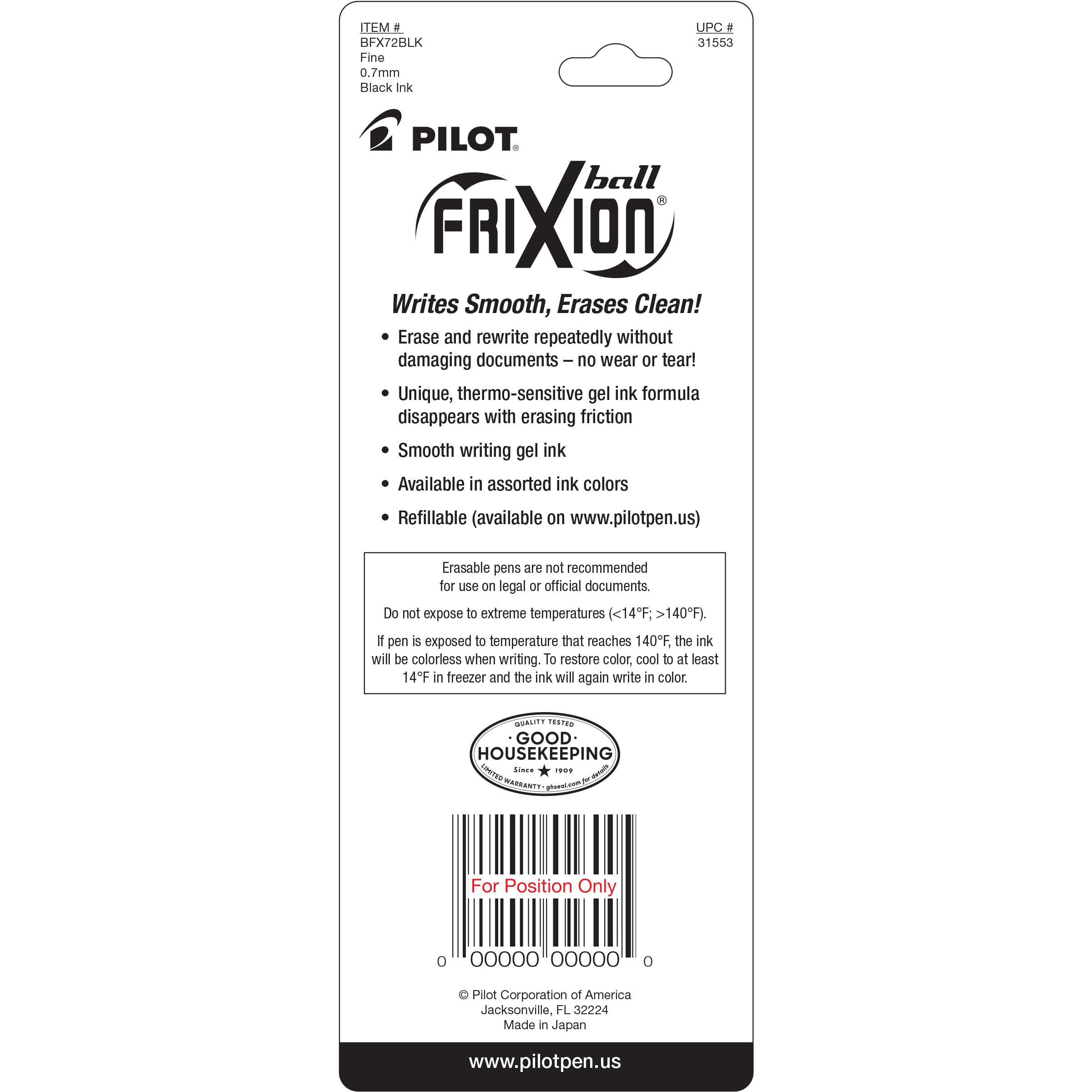 PILOT FriXion Ball Erasable & Refillable Gel Ink Stick Pens, Fine Point, Black Ink, 2-Pack (31553)