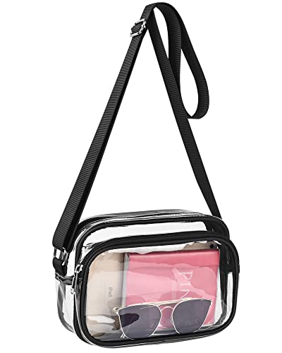 Clear Bag Stadium Approved PVC Clear Crossbody Bag Clear Purse with Front Pocket for Work Concert Security Travel Sports Black