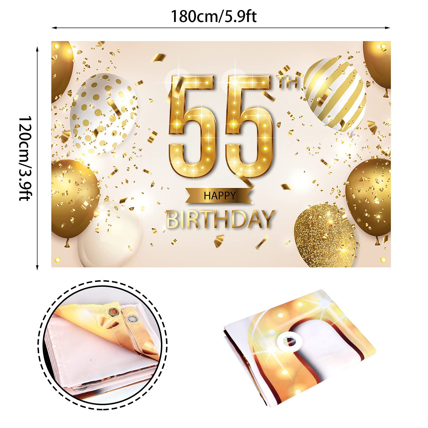 Happy 55th Birthday Backdrop Banner White Gold 55 Years Old Bday Background Decorations for Women Men Her Him Photography Party Supplies Glitter