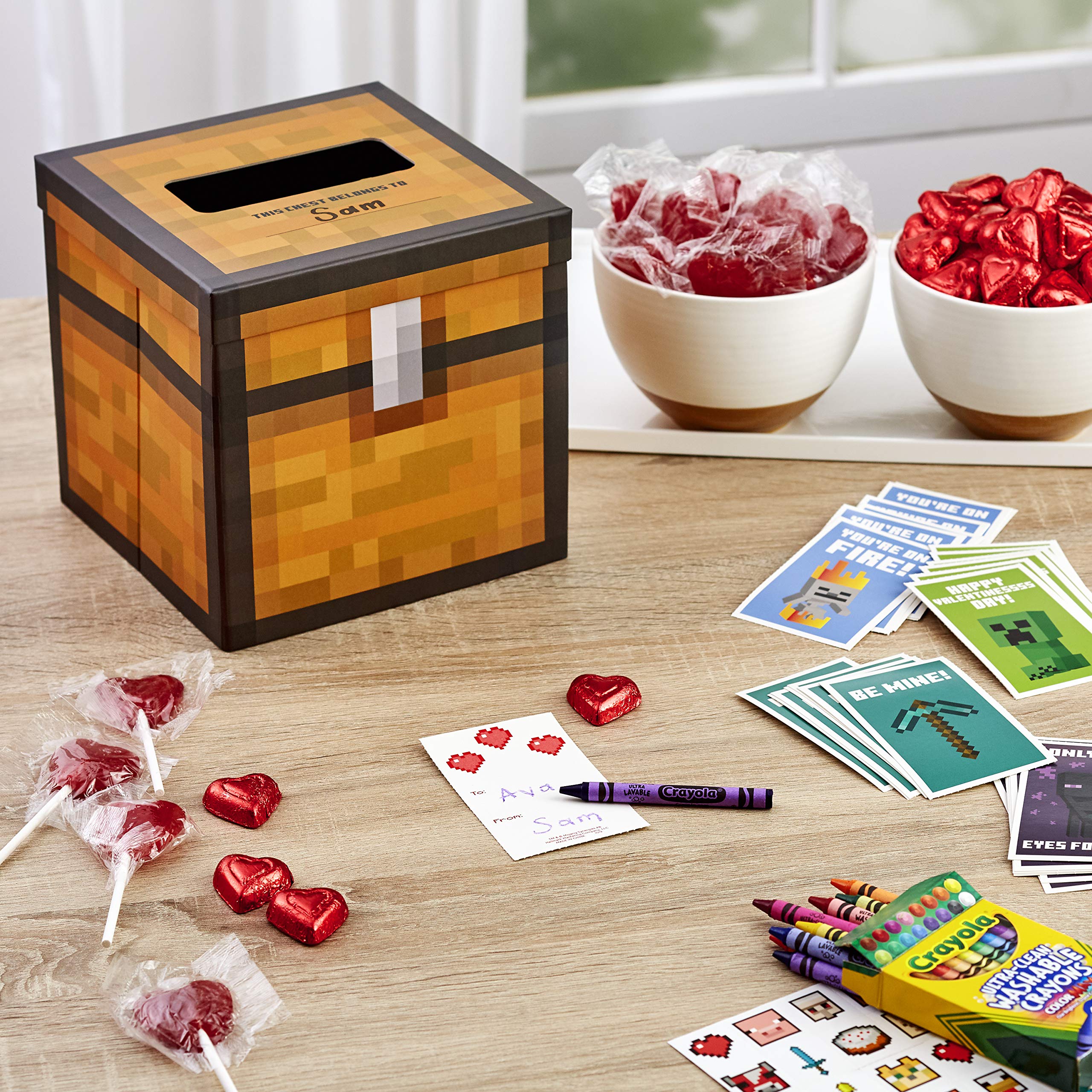 Hallmark Valentines Day Cards for Kids and Mailbox for Classroom Exchange, Minecraft (1 Box, 32 Valentine Cards, 35 Stickers, 1 Teacher Card)