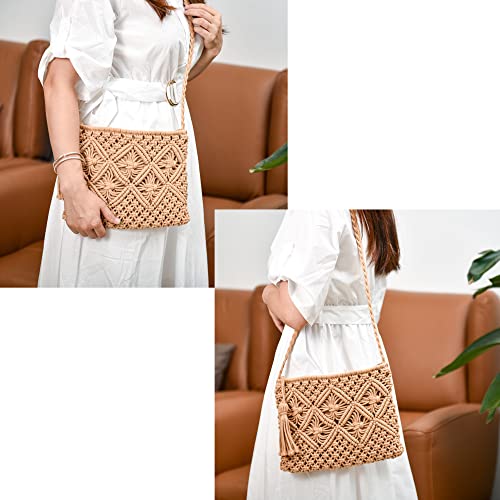 Eiyye Boho Crossbody Handbag Summer Beach Purse Crossbody, Boho Envelope Clutch Crochet Handmade Purse with Tassel, Khaki