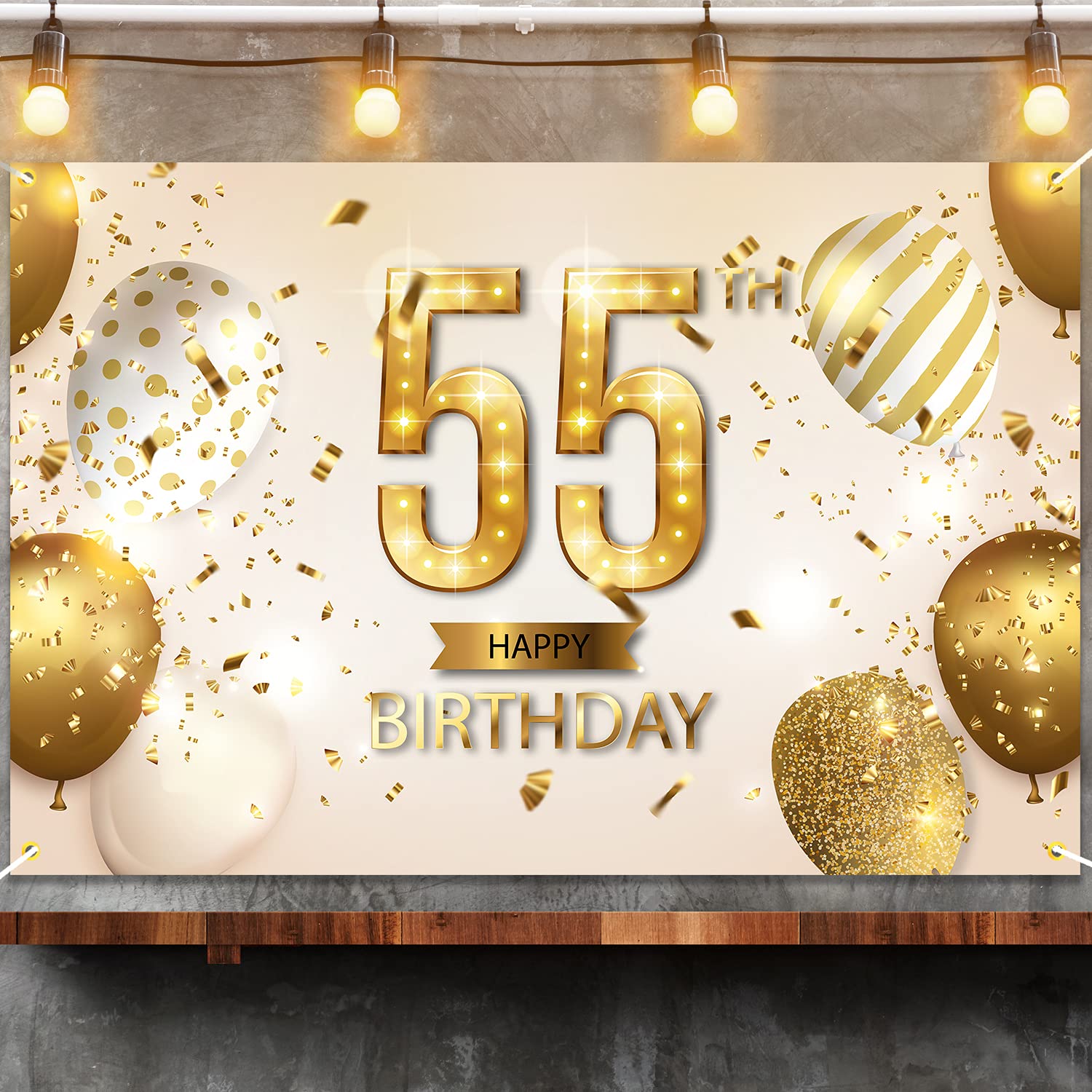 Happy 55th Birthday Backdrop Banner White Gold 55 Years Old Bday Background Decorations for Women Men Her Him Photography Party Supplies Glitter