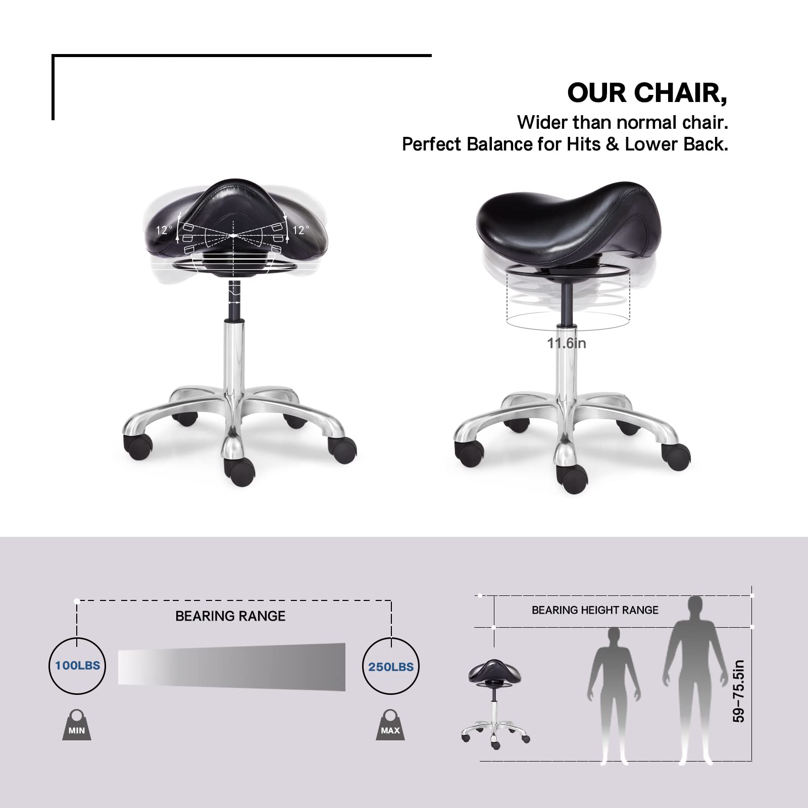 Saddle Stool Swivel Height Adjustable with Wheels Wobble Rolling Stool for Medical Massage Salon Kitchen Spa Drafting Lab Clinic Dentist, Ergonomic Hydraulic Seat Chair Office Stool