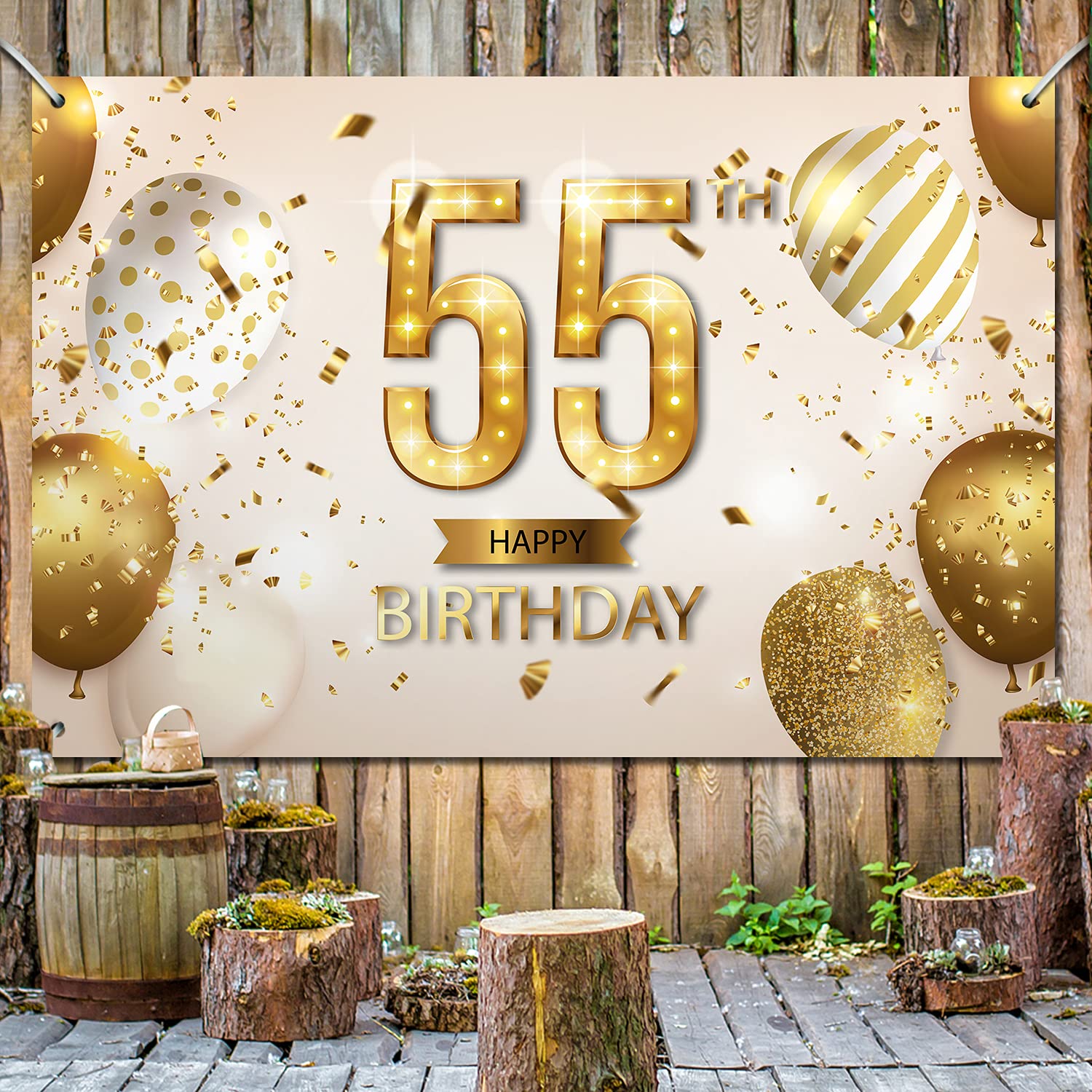 Happy 55th Birthday Backdrop Banner White Gold 55 Years Old Bday Background Decorations for Women Men Her Him Photography Party Supplies Glitter