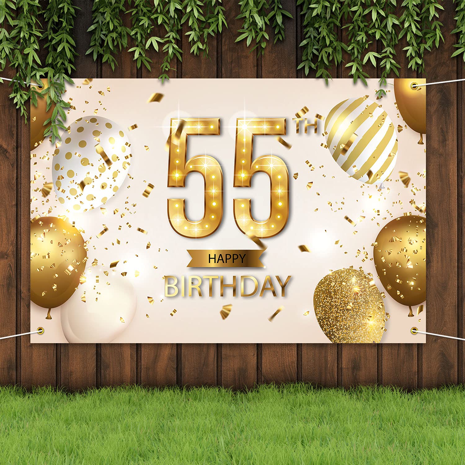 Happy 55th Birthday Backdrop Banner White Gold 55 Years Old Bday Background Decorations for Women Men Her Him Photography Party Supplies Glitter