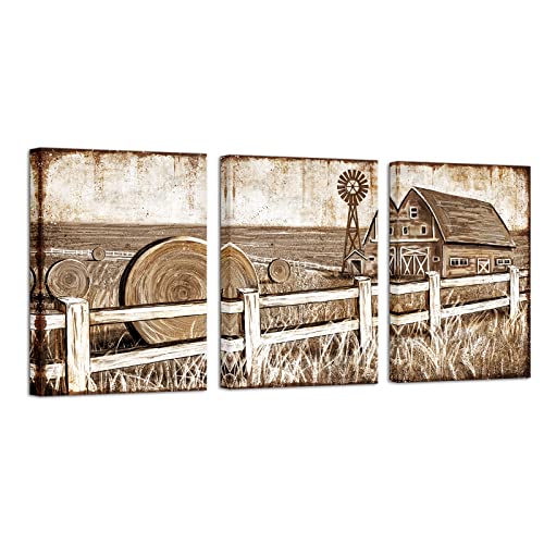 SiMiWOW 3 Panel Farmhouse Canvas Wall Art Farmhouse Painting Old Barn Pictures Living Room Bedroom Home Decor (12"x16"x3 Panels)