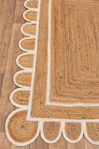 Natural Jute Scalloped Rug Bohemian Rug Decor Rug Handwoven Rug Custom Rug Decorative Rug by Durriesworld (2 x 4 FT Runner Rug), Brown and White