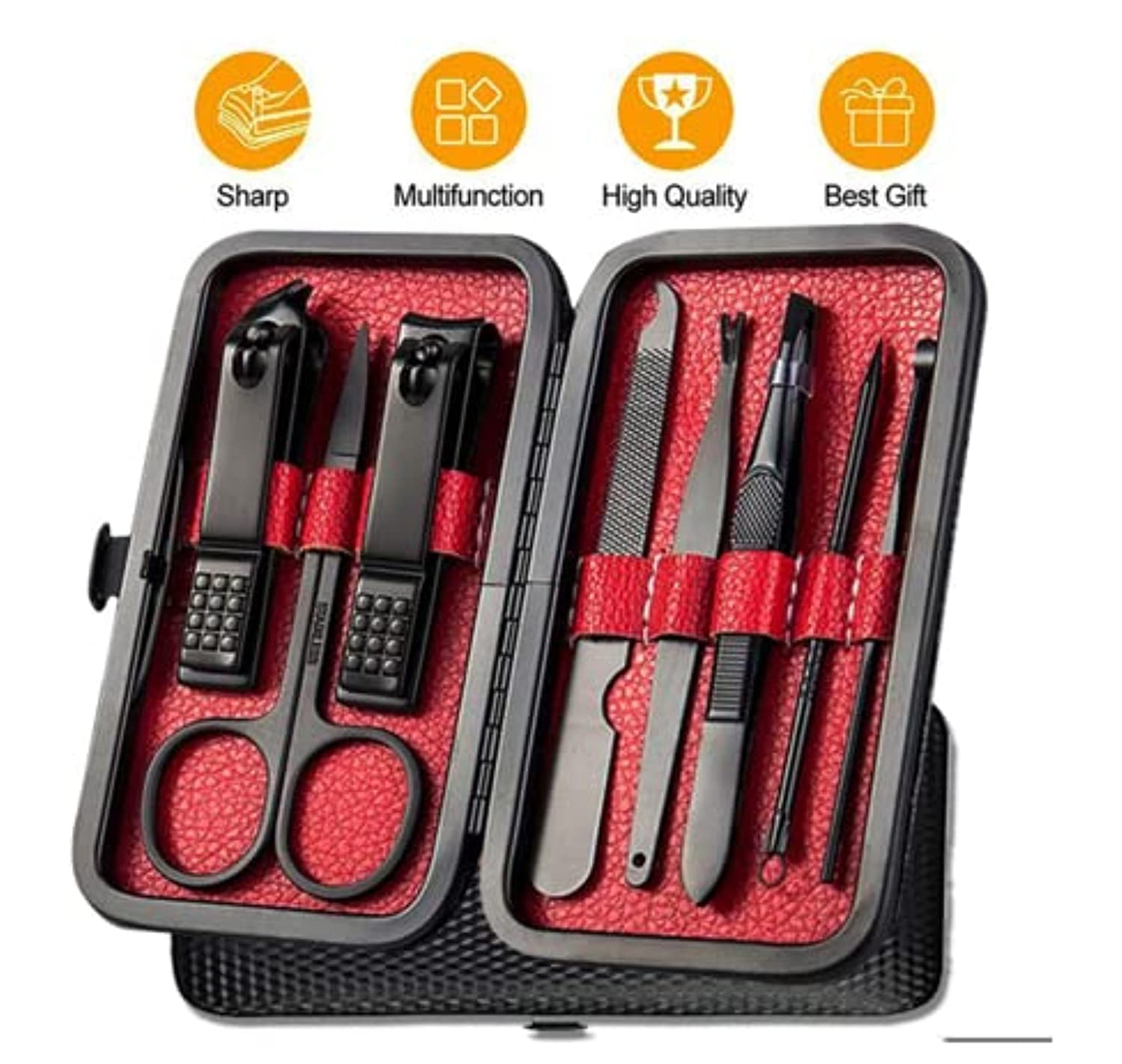 Manicure Set Pedicure Kit Nail Clippers Set 8 in1 High Precision Stainless Steel Cutter File Sharp Scissors for Men & Women Fingernails & Toenails Vibrissac Scissors with Stylish Case (black&red_8in1)