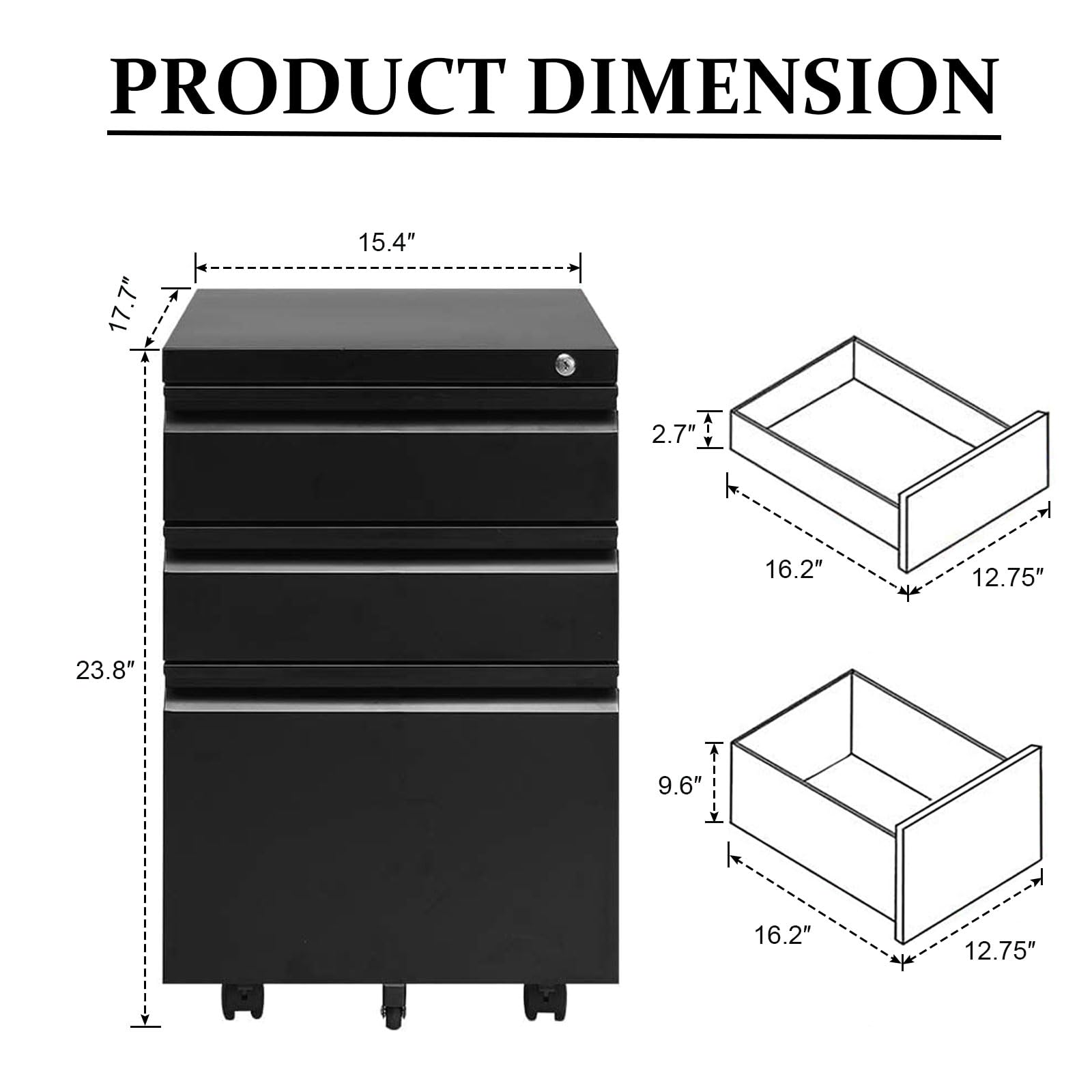 GOOGIC 3-Drawer Mobile File Cabinets Rolling Metal Filing Cabinet for Legal & Letter File Anti-tilt Design with Lock Under Desk Office Drawers Fully Assembled Except Casters Black
