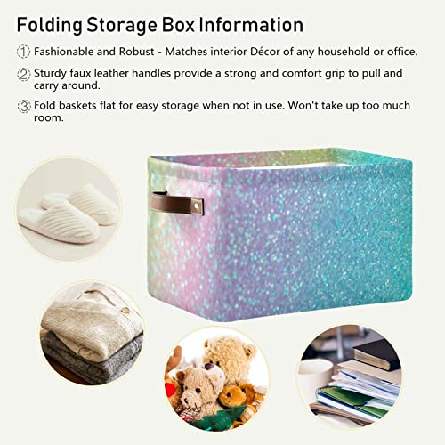 Large Foldable Storage Basket Iridescent Rainbow Glitter Storage Bin Canvas Toys Box Fabric Decorative Collapsible Organizer Bag with Handles for Bedroom Home