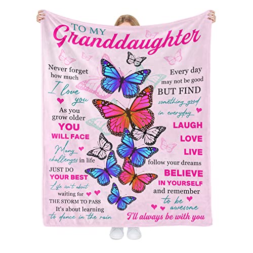 Granddaughter Gifts from Grandma Grandpa to My Granddaughter Butterfly Blanket with Positive Encourage and Love Words Printed Birthday Christmas Graduation Gift for Her (60"x50")