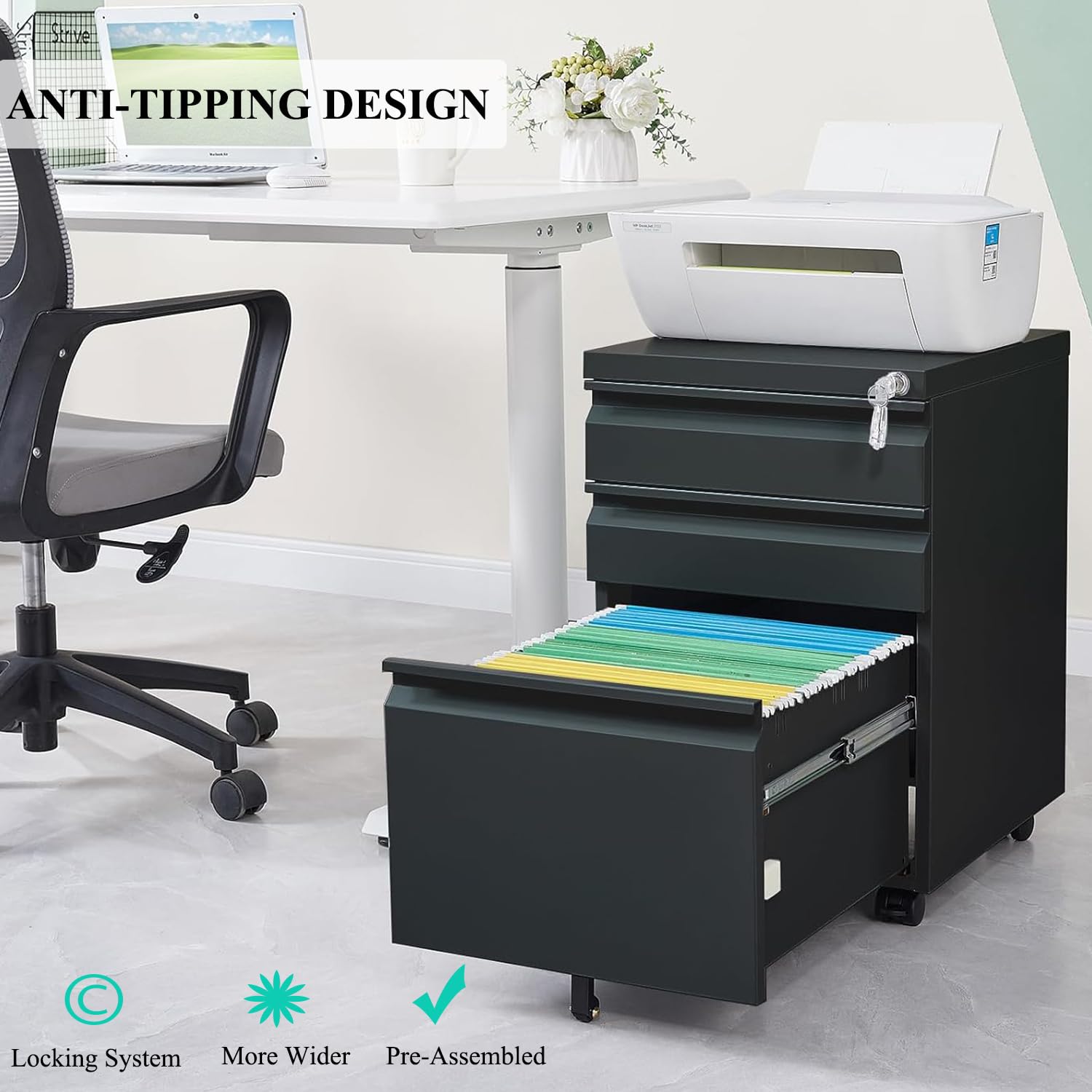 GOOGIC 3-Drawer Mobile File Cabinets Rolling Metal Filing Cabinet for Legal & Letter File Anti-tilt Design with Lock Under Desk Office Drawers Fully Assembled Except Casters Black
