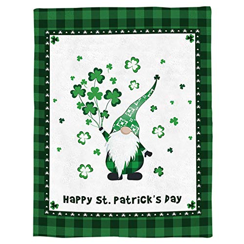 St. Patrick's Day Gnome Blanket Ultra Soft Flannel Throw Blanket Cute Lucky Leprechaun Shamrocks Green Plaid Blanket Warm Cozy St. Patrick's Day Decorations Blanket for Couch Sofa 40x50 inches