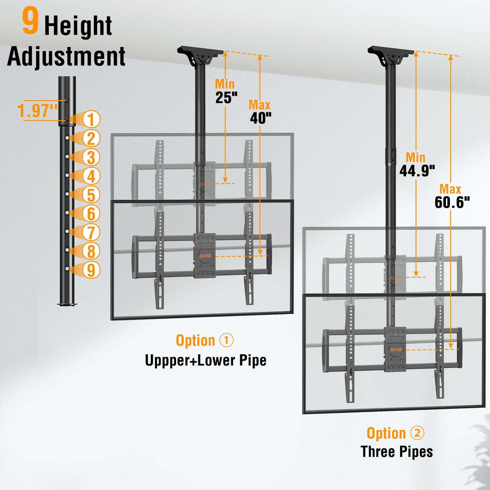 ELIVED Ceiling TV Mount for Most 37-75 Inch LED, LCD OLED Flat Curved TVs, Height Adjustable Full Motion TV Mount, Hanging TV Bracket Swivel and Tilt, Holds up to 110 lbs, Max VESA 600x400mm YD3016