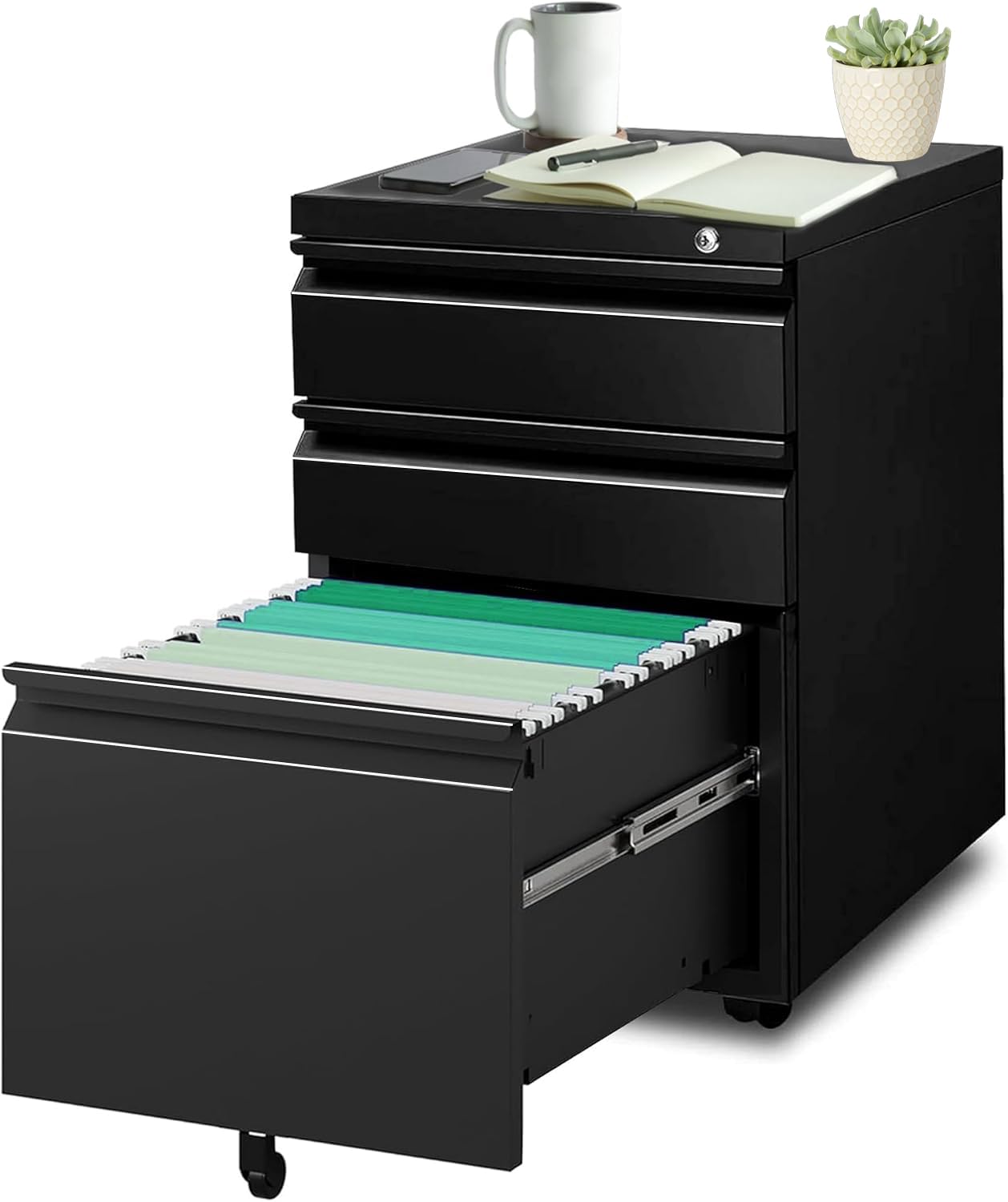 GOOGIC 3-Drawer Mobile File Cabinets Rolling Metal Filing Cabinet for Legal & Letter File Anti-tilt Design with Lock Under Desk Office Drawers Fully Assembled Except Casters Black
