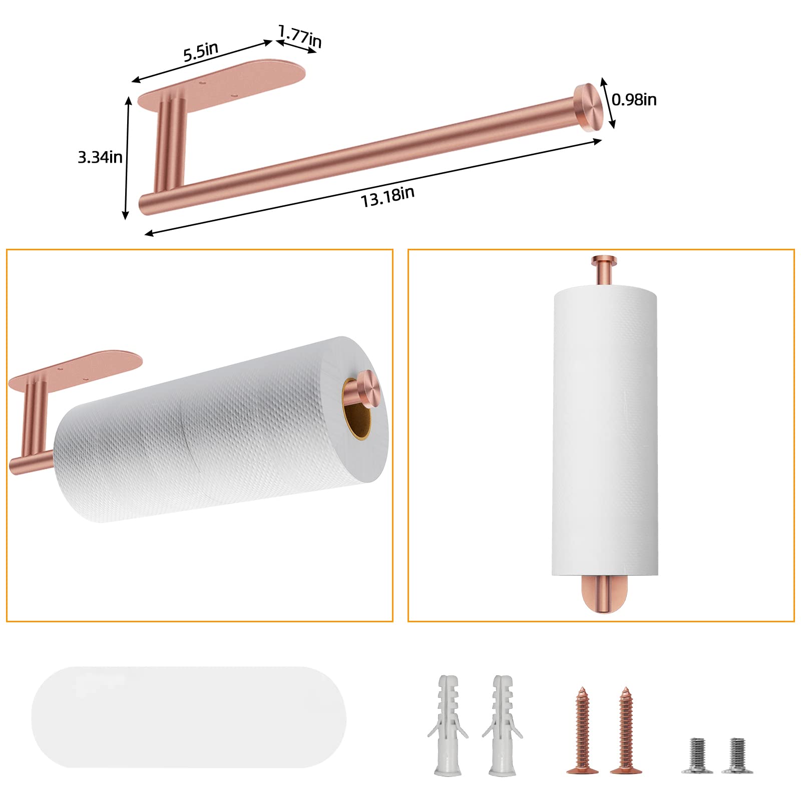 Paper Towel Holder Under Cabinet, New Upgrade Double Rod Bearing Self-Adhesive or Drilling Wall Mounted Paper Towels Rolls Holder for Kitchen,Rose Gold(2 Pieces