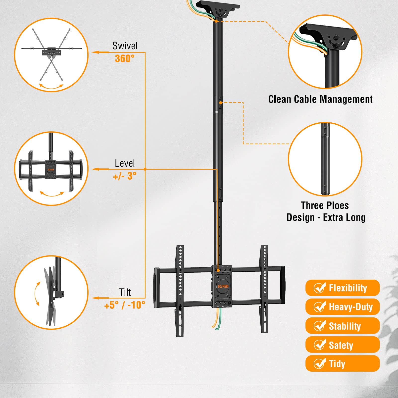 ELIVED Ceiling TV Mount for Most 37-75 Inch LED, LCD OLED Flat Curved TVs, Height Adjustable Full Motion TV Mount, Hanging TV Bracket Swivel and Tilt, Holds up to 110 lbs, Max VESA 600x400mm YD3016
