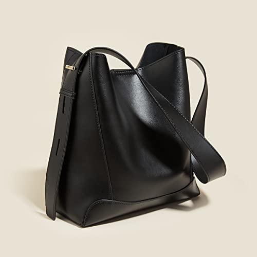 Split Cowhide Shoulder Bag for Women Bucket Purse Lady Leather Designer Handbag Tote (Black 1)