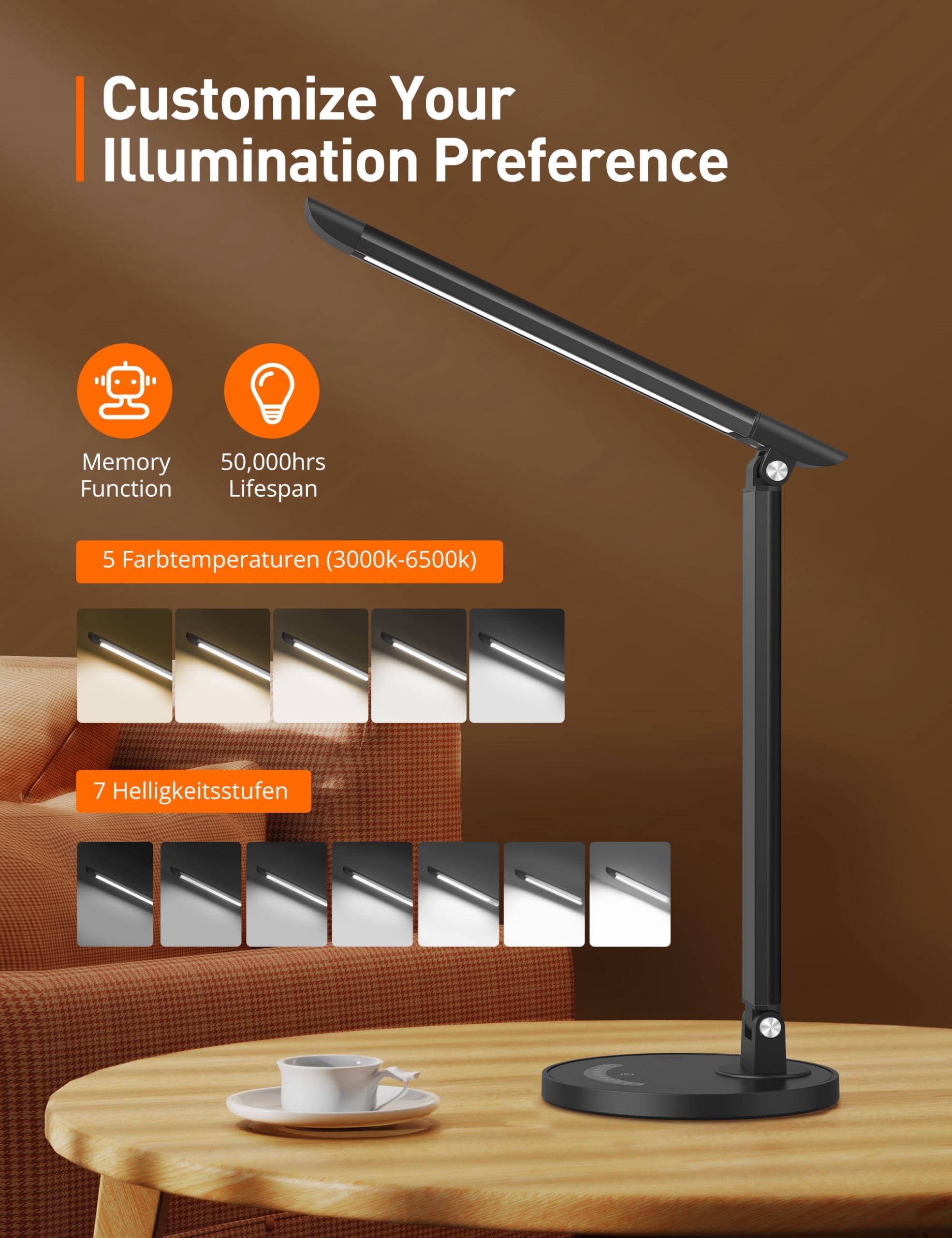 soysout LED Desk Lamp, Eye-Caring Table Lamp with USB Charging Port, 5 Lighting Modes with 7 Brightness Levels, Touch Control, 12W (Black)