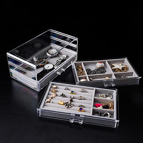 Acrylic Jewelry Organizer Box, Velvet Jewellry Clear Display Case, 3 Drawers Stackable Ring Earring Necklace Bracelet Display Storage for Women Girls Kids Gift