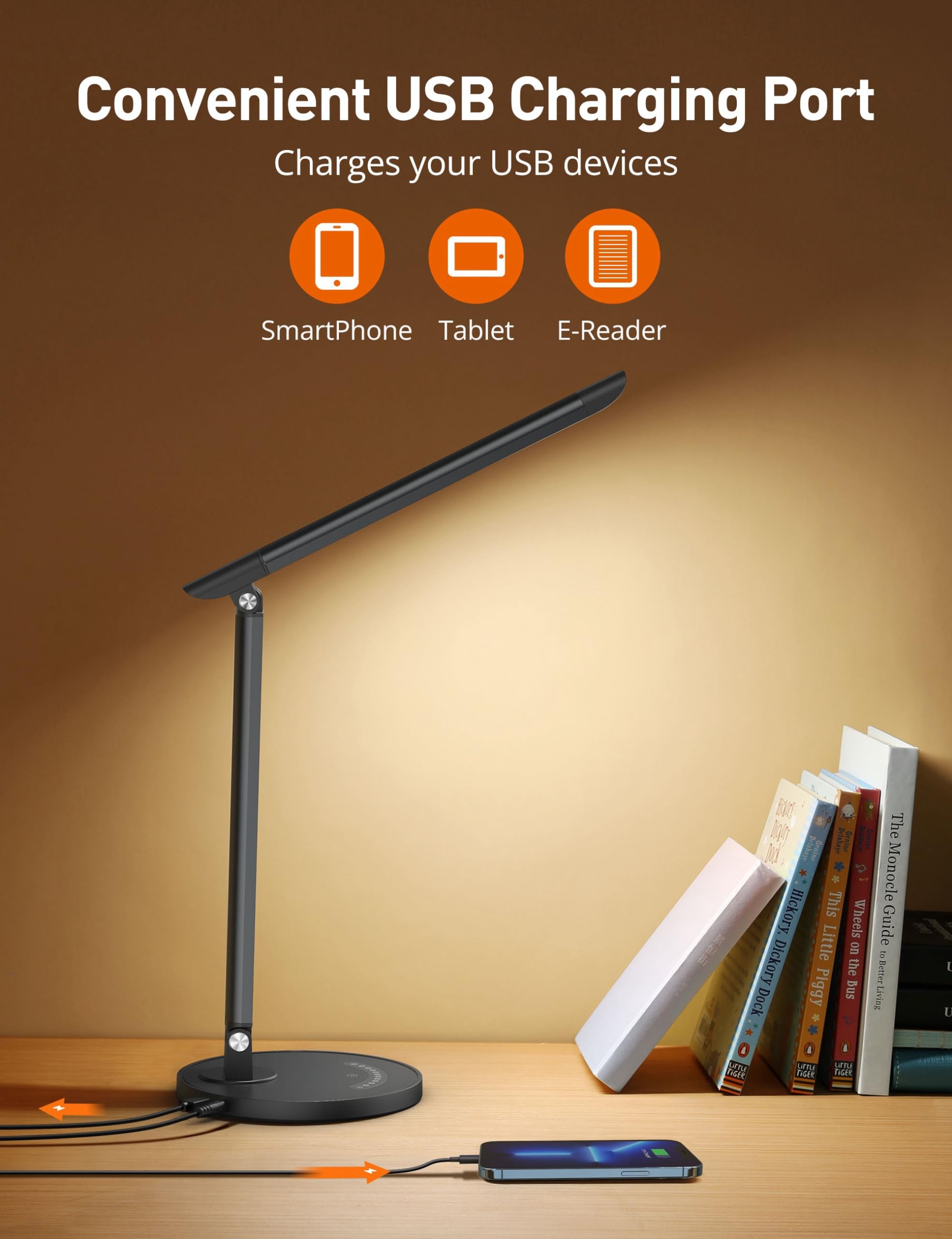 soysout LED Desk Lamp, Eye-Caring Table Lamp with USB Charging Port, 5 Lighting Modes with 7 Brightness Levels, Touch Control, 12W (Black)