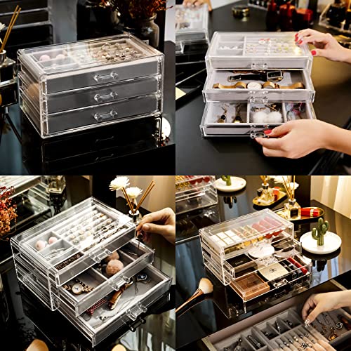 Acrylic Jewelry Organizer Box, Velvet Jewellry Clear Display Case, 3 Drawers Stackable Ring Earring Necklace Bracelet Display Storage for Women Girls Kids Gift