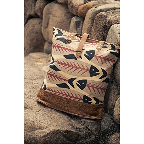 ANNGOTI Canvas & Cowhide Tote Bag for Women, Vintage Style Handmade Print Handbag with Zipper Top & Internal Pockets