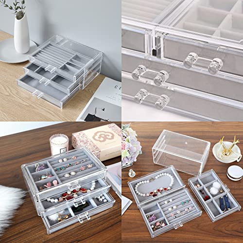 Acrylic Jewelry Organizer Box, Velvet Jewellry Clear Display Case, 3 Drawers Stackable Ring Earring Necklace Bracelet Display Storage for Women Girls Kids Gift