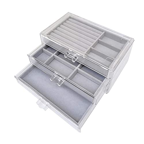 Acrylic Jewelry Organizer Box, Velvet Jewellry Clear Display Case, 3 Drawers Stackable Ring Earring Necklace Bracelet Display Storage for Women Girls Kids Gift