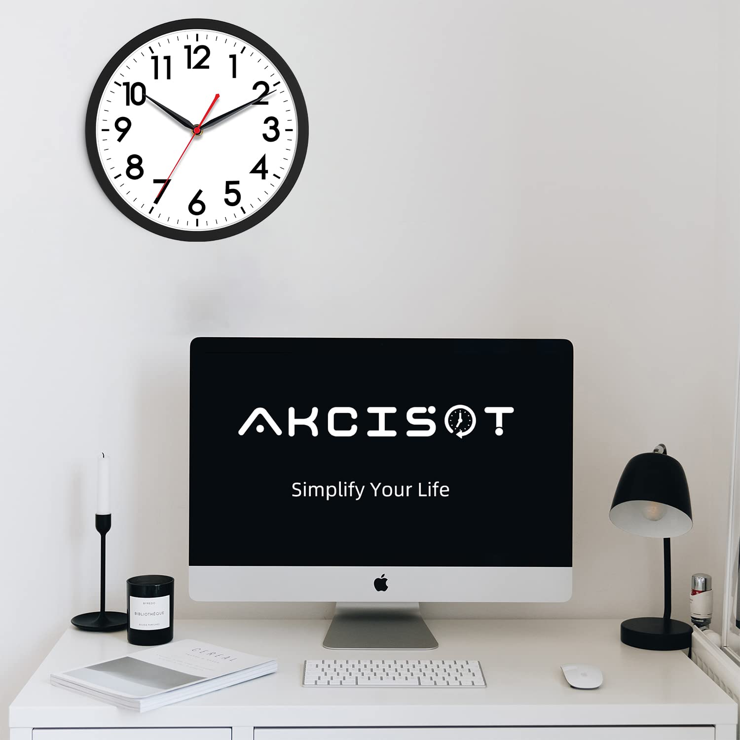 AKCISOT Wall Clock 10 Inch Silent Non-Ticking Modern Wall Clocks Battery Operated - Analog Small Classic Clock for Office, Home, Bathroom, Kitchen, Bedroom, School, Living Room(Black)