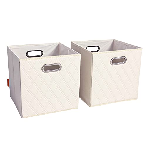 JIAessentials 11 inch Beige Foldable Diamond Patterned Faux Leather Storage Cube Bins Set of Two with Handles for living room, bedroom and office storage