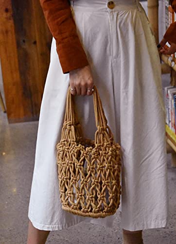 JBRUN Women's Bucket Drawstring Handbag Fishing Net Shoulder Bag Straw Weave Handbag Summer Beach Bags Hobo Bag (A-Brown)
