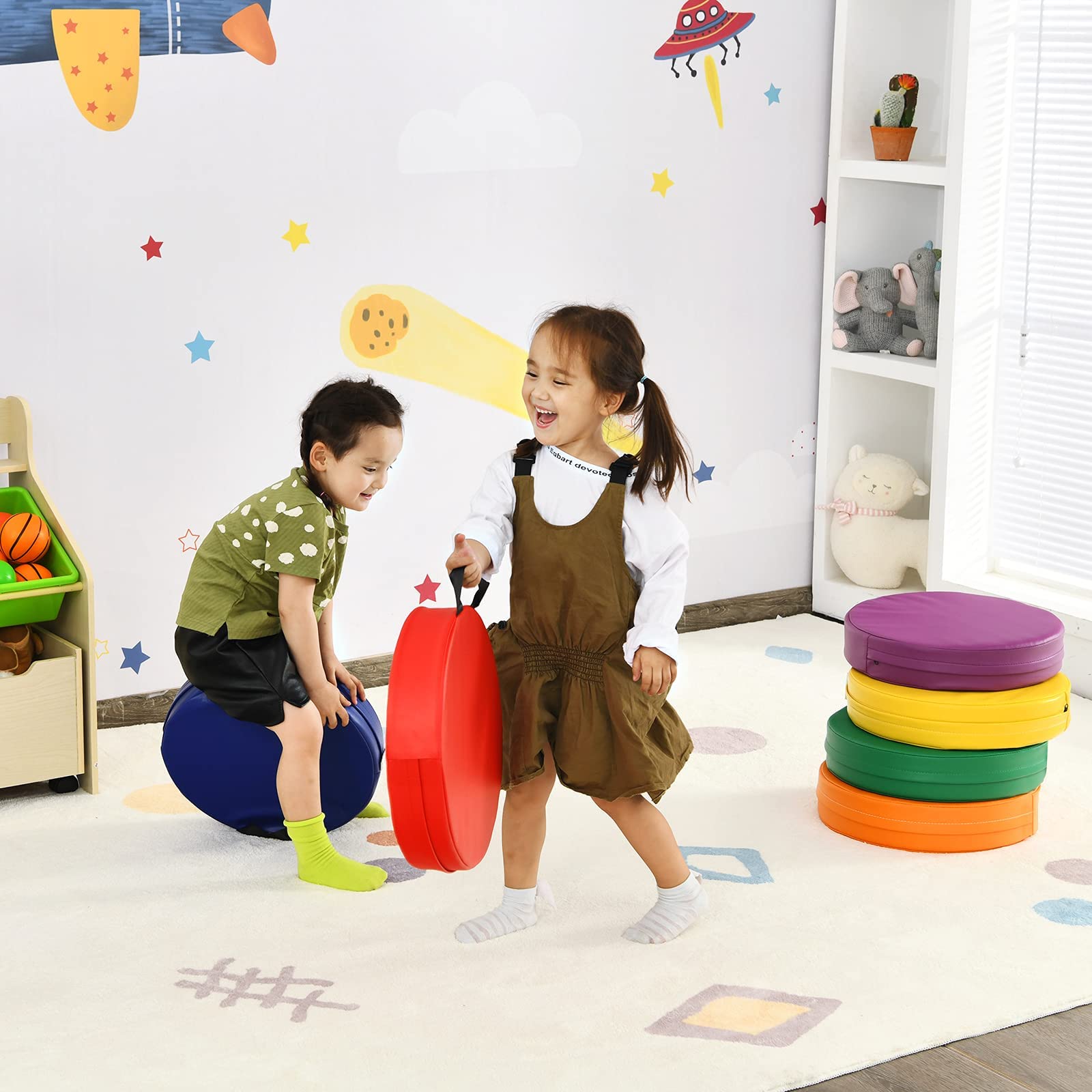 Costzon 6-Piece 15 inch Kids Floor Cushion, 3" Thick Waterproof Daycare Foam Cushion w/Handle, Soft Flexible Seating for Classroom, Home, School, Kindergarten or Nursery