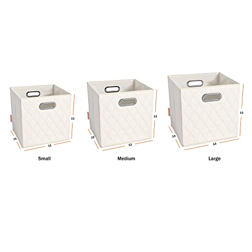 JIAessentials 11 inch Beige Foldable Diamond Patterned Faux Leather Storage Cube Bins Set of Two with Handles for living room, bedroom and office storage