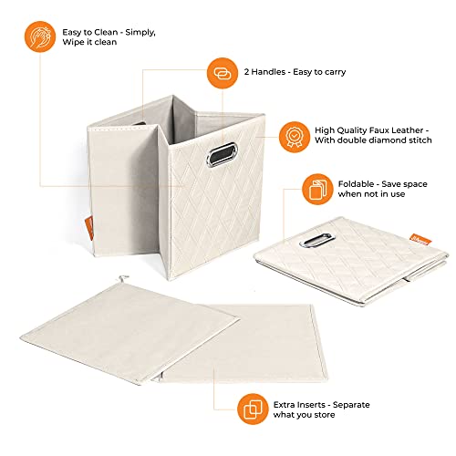 JIAessentials 11 inch Beige Foldable Diamond Patterned Faux Leather Storage Cube Bins Set of Two with Handles for living room, bedroom and office storage