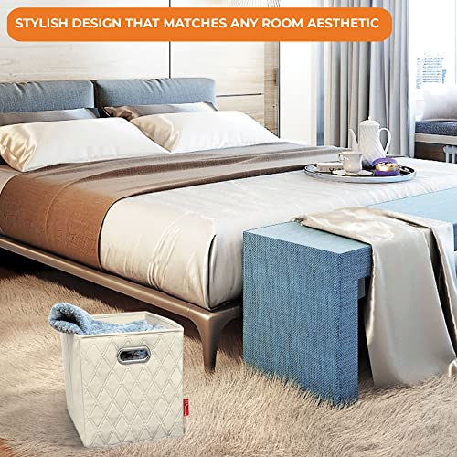JIAessentials 11 inch Beige Foldable Diamond Patterned Faux Leather Storage Cube Bins Set of Two with Handles for living room, bedroom and office storage