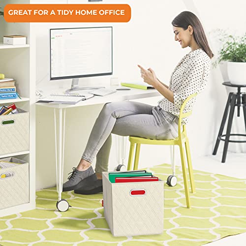 JIAessentials 11 inch Beige Foldable Diamond Patterned Faux Leather Storage Cube Bins Set of Two with Handles for living room, bedroom and office storage