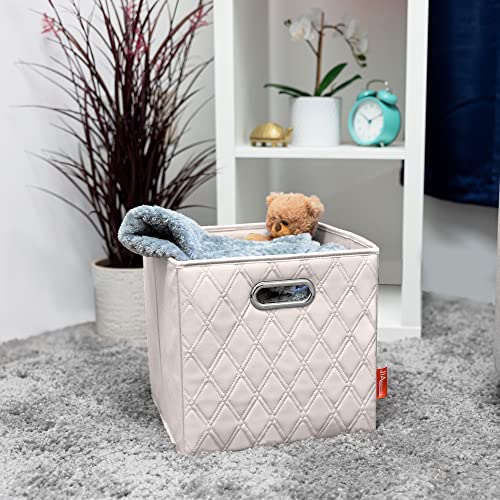 JIAessentials 11 inch Beige Foldable Diamond Patterned Faux Leather Storage Cube Bins Set of Two with Handles for living room, bedroom and office storage