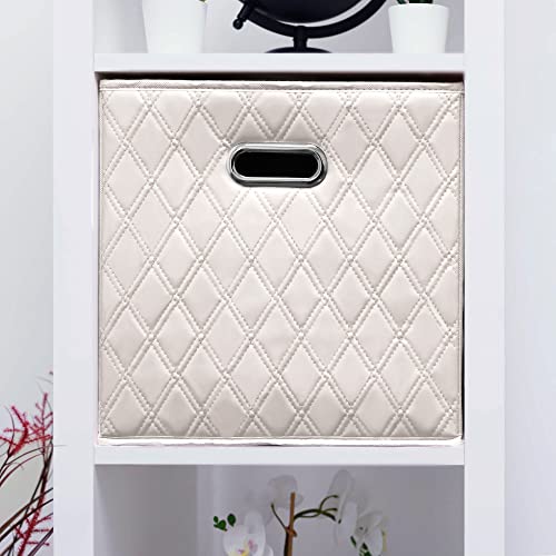 JIAessentials 11 inch Beige Foldable Diamond Patterned Faux Leather Storage Cube Bins Set of Two with Handles for living room, bedroom and office storage