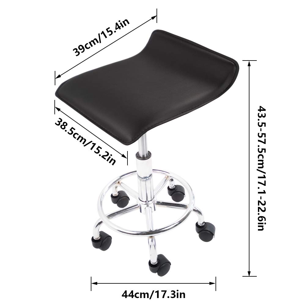 KKTONER Square Height Adjustable Rolling Stool with Foot Rest PU Leather Seat Cushion Spa Drafting Salon Tattoo Work Swivel Office Stools Task Chair Seat Length: 15.5", Width: 15.2" (Black)