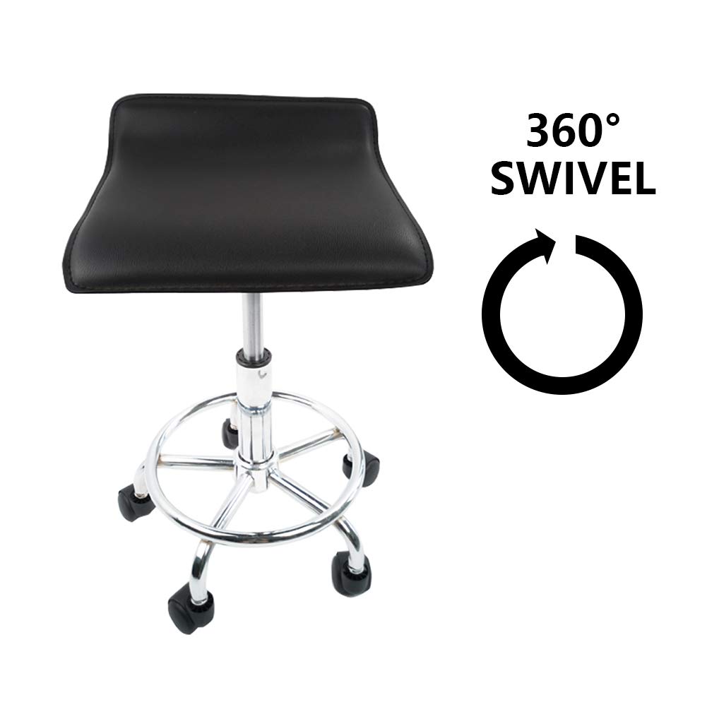 KKTONER Square Height Adjustable Rolling Stool with Foot Rest PU Leather Seat Cushion Spa Drafting Salon Tattoo Work Swivel Office Stools Task Chair Seat Length: 15.5", Width: 15.2" (Black)