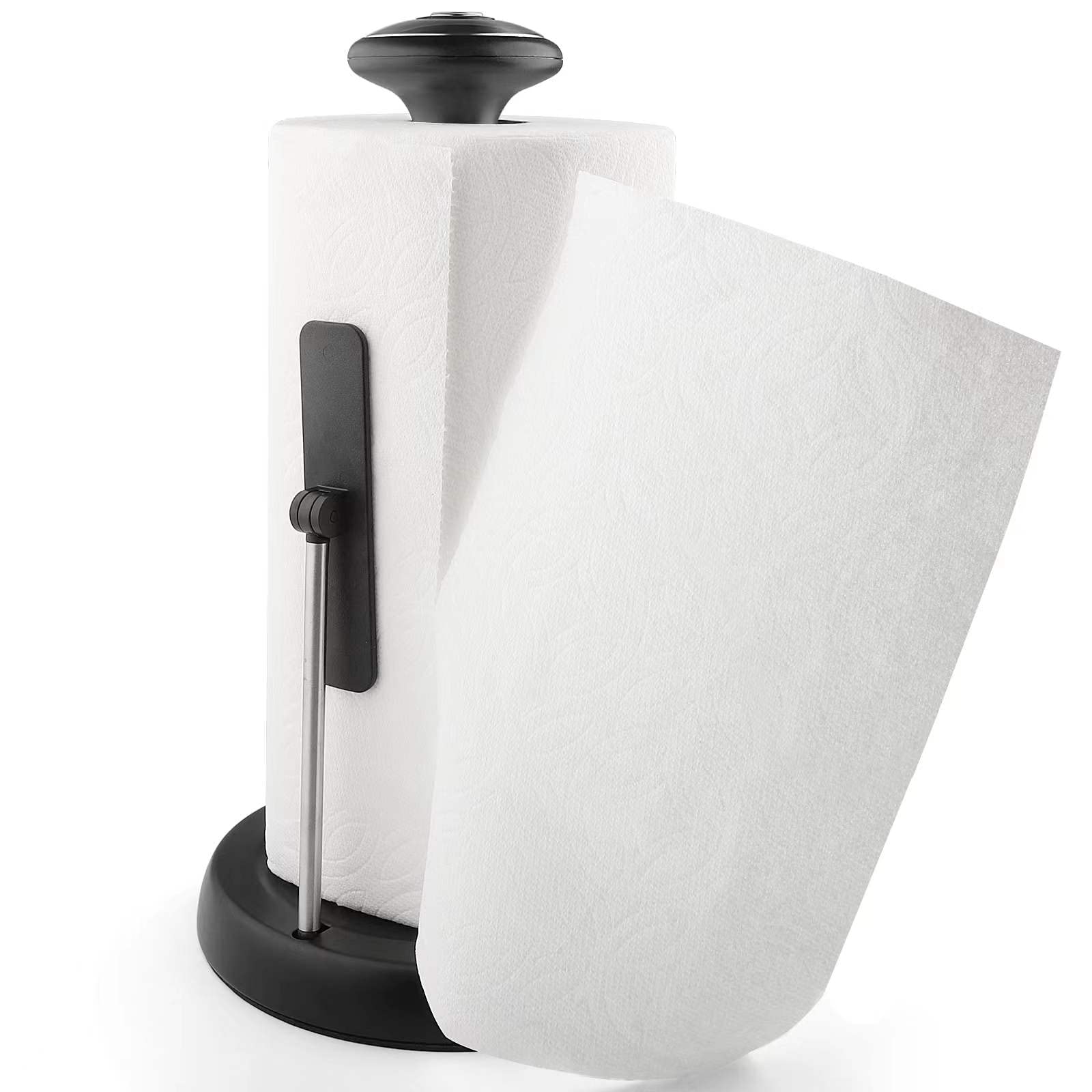 Black Paper Towel Holder Countertop,Heavier Base(2.65 LBS) Stainless Steel Kitchen Paper Towel Holder Stand,Easy One Hand Tearing Paper Towel Dispenser Fit Most Size Paper Roll,V2(Black)