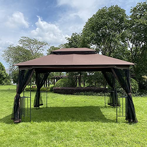 13' x 10' Gazebo for Patio with Mosquito Netting, Outdoor Canopy with Ventilated Double Roof and Corner Shelves, Pergolas for Shade and Rain with Metal Frame, Perfect for Backyard and Deck, Brown Top