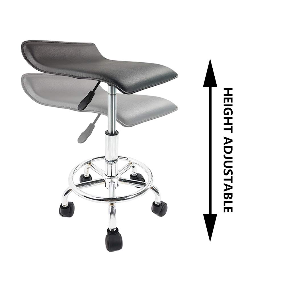 KKTONER Square Height Adjustable Rolling Stool with Foot Rest PU Leather Seat Cushion Spa Drafting Salon Tattoo Work Swivel Office Stools Task Chair Seat Length: 15.5", Width: 15.2" (Black)
