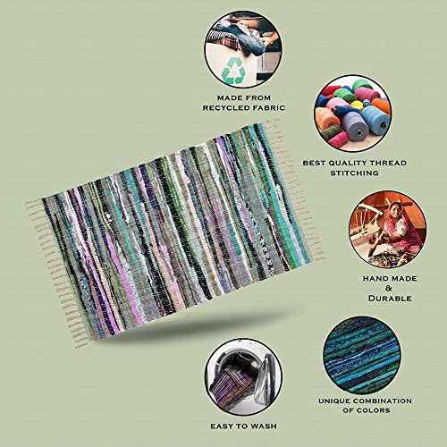 Cotton Rag Rug 24''x36''- 2x3'- Multicolor Chindi Rug - Hand Woven Washable & Reversible for Living Room Kitchen Entryway Bedroom Rug Rag with Tassel (Aqua)