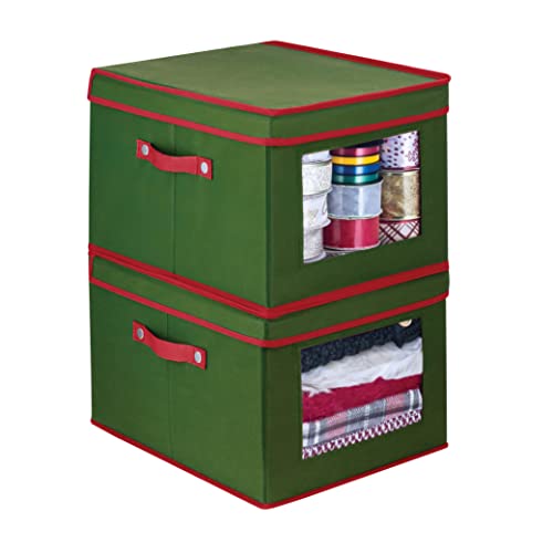 ZOBER Holiday Accessory and Decor Storage Box 2-pack with Decorative Trim, Holiday Storage Solution, Green