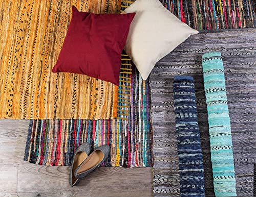Cotton Rag Rug 24''x36''- 2x3'- Multicolor Chindi Rug - Hand Woven Washable & Reversible for Living Room Kitchen Entryway Bedroom Rug Rag with Tassel (Aqua)